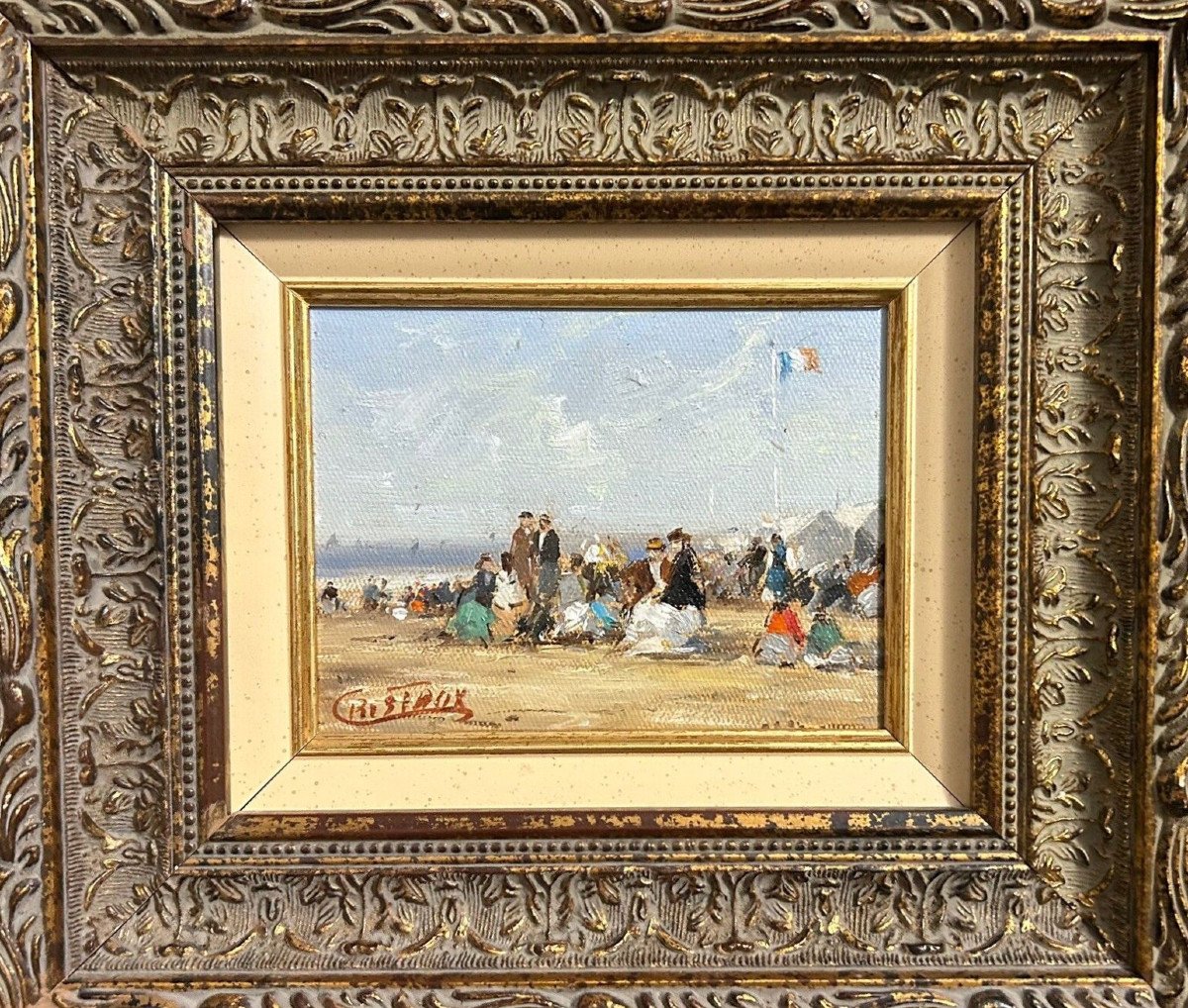 Proantic: Francis Cristaux, Lively Beach, Oil On Canvas Signed Lower L