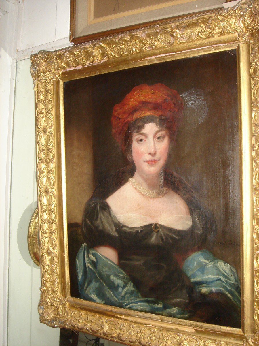 Proantic: Portrait De Femme grande huile Sur Toile époque Romantique