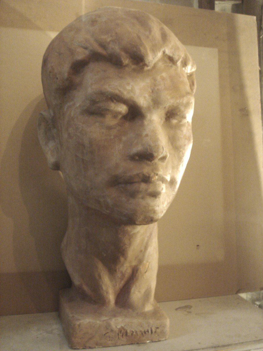 Proantic: Bust Of Young Asian Man, Original Patinated Plaster, Artist'