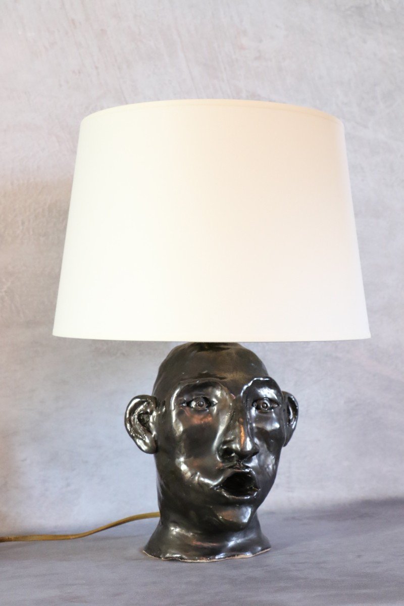 Proantic: Large Ceramic Sculpture Lamp With Black Glazed Face Decor