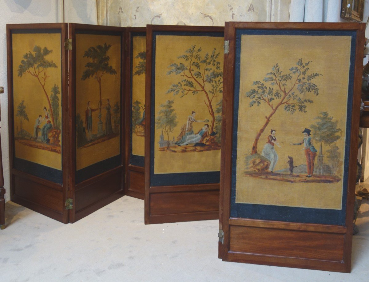 Proantic: Paire De Paravents Début XIXème En Toiles Peintes De Scèn Proantic: Paire De Paravents Début XIXème En Toiles Peintes De Scèn