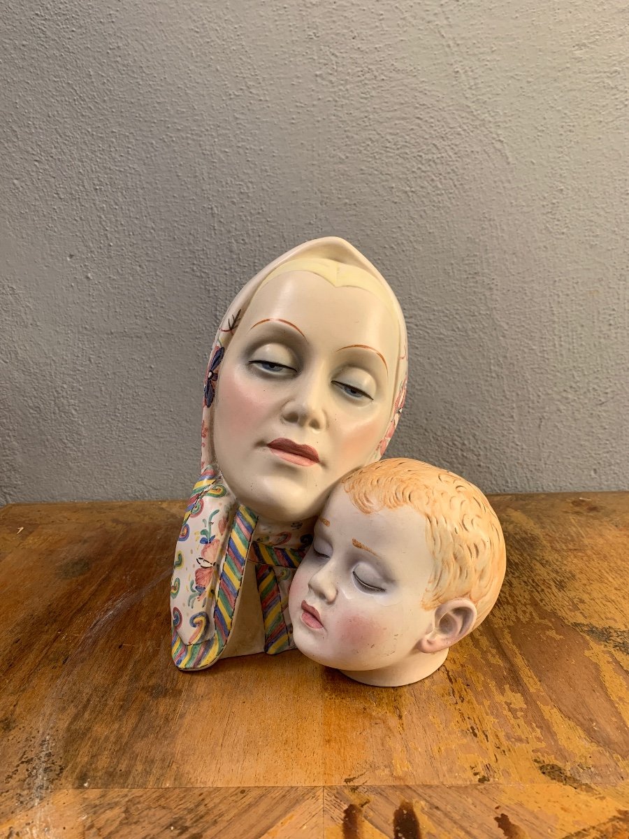 Proantic: Ceramic Sculpture Depicting Madonna With Child Ronzan