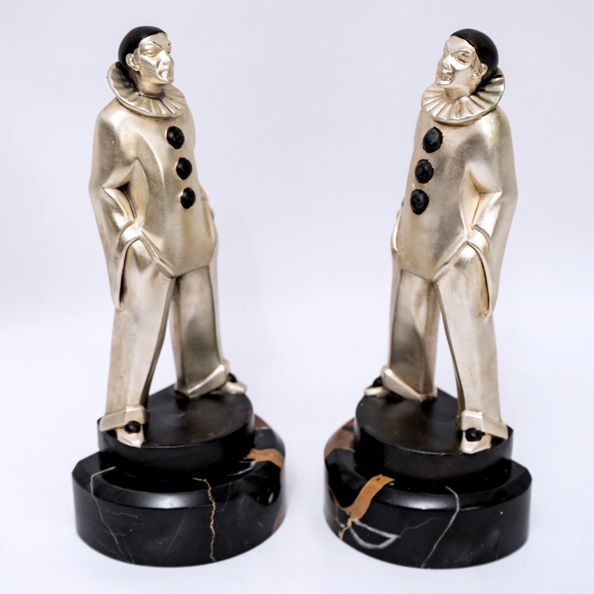 Proantic: Pair Of Bookends - Silver Bronze - Pierrots - Max Le Verrier