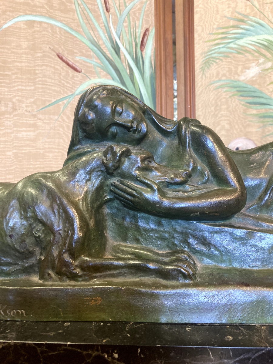 Proantic: Bronze Femme Et Son Chien Par Serge Zelikson