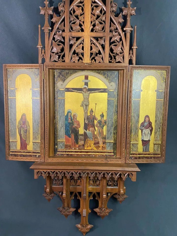 Proantic: Large Carved Walnut Triptych Neo-gothic Style Crucifixion Ch