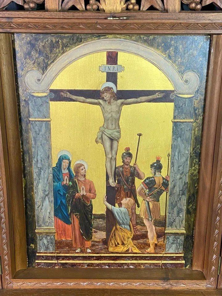 Proantic: Large Carved Walnut Triptych Neo-gothic Style Crucifixion Ch