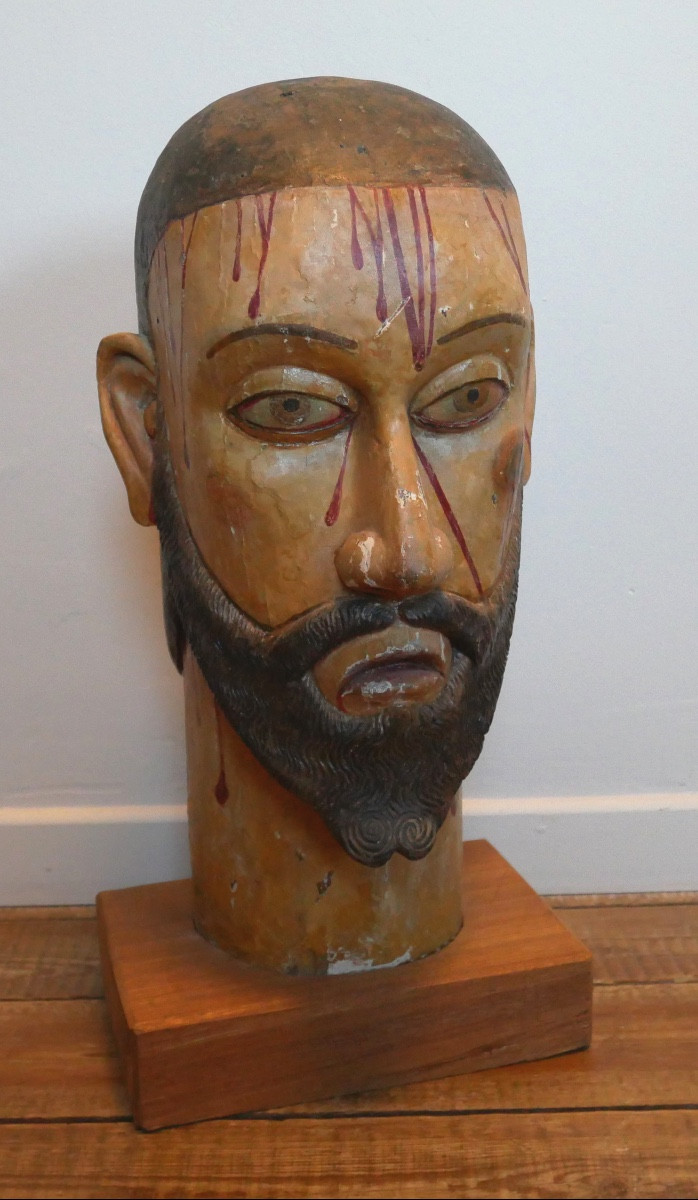 Proantic: Polychrome Carved Wooden Head Of Christ, Hispanic Colonies,