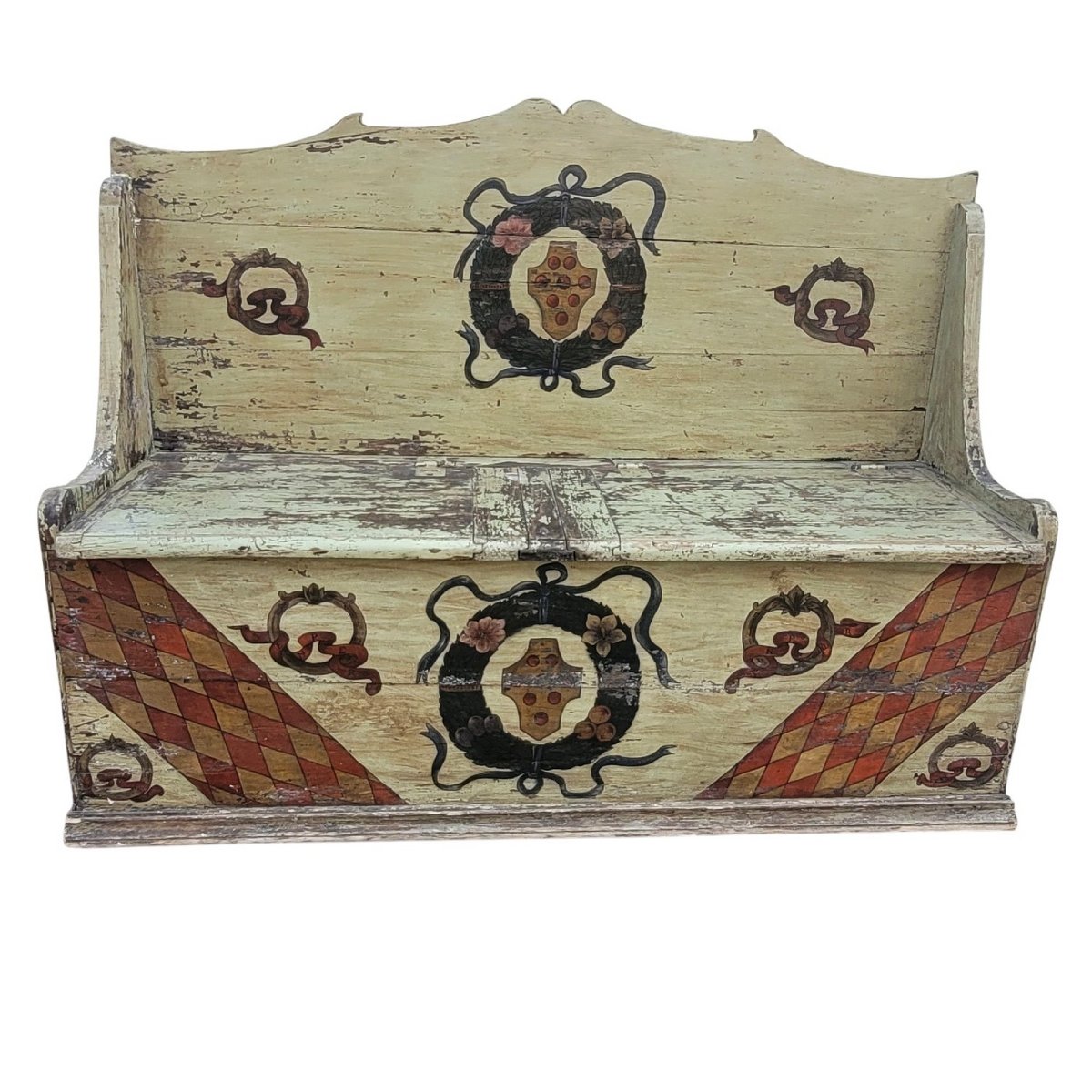 Proantic: High-backed Green Lacquered Bench, Italy, Early 19th Century