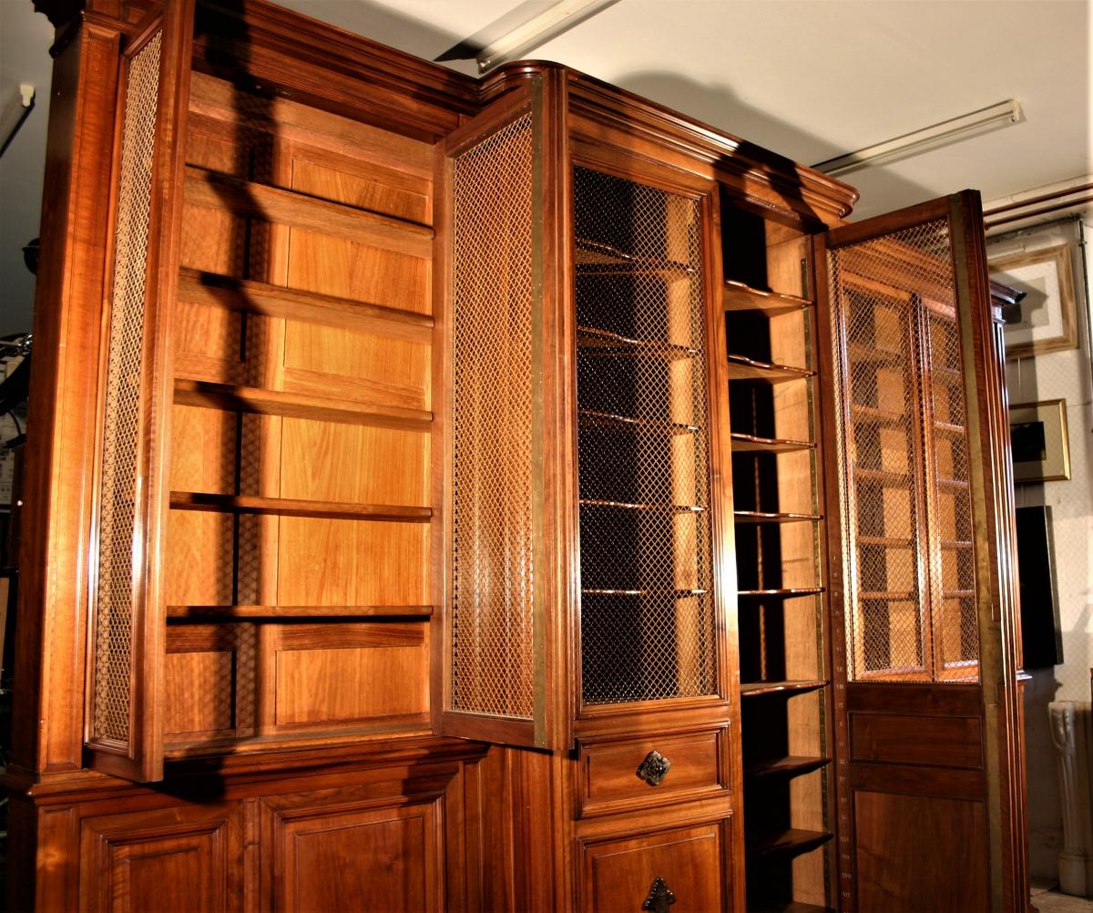 Proantic: Large Walnut Pool Library, Late Nineteenth Century