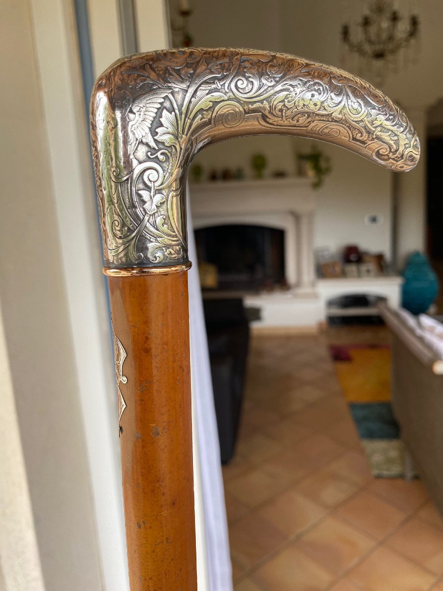 Proantic: Canne monogrammée en bois et poignée argent massif et bagu