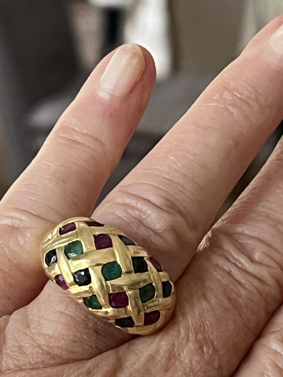 Proantic: 5849- Yellow Gold Emerald Ruby Sapphires Bangle Ring