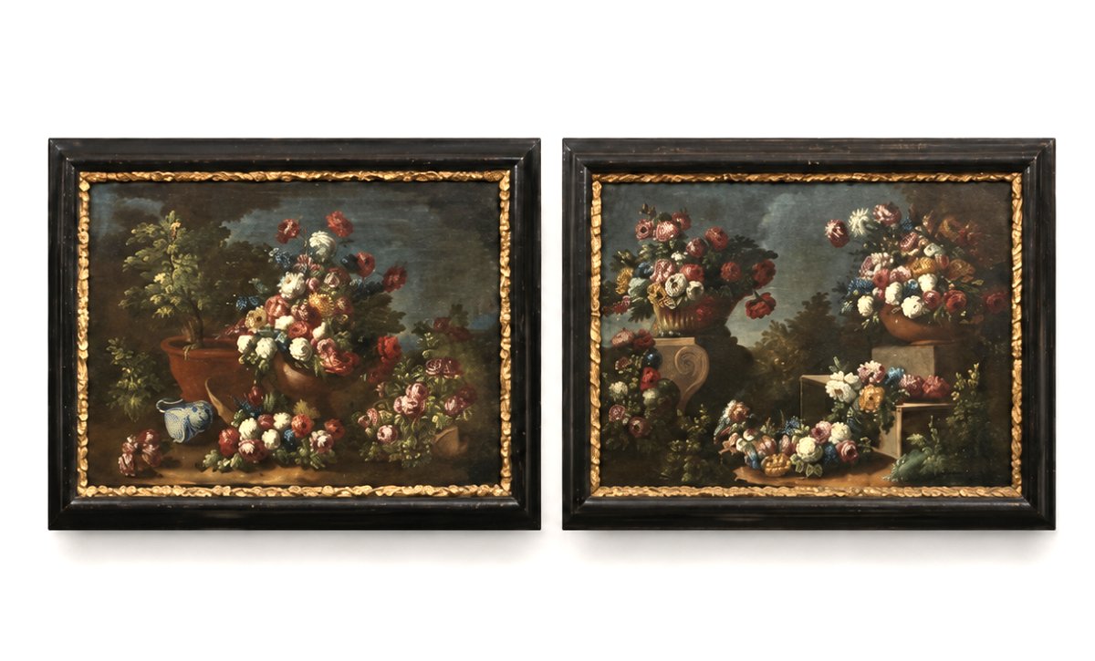 Proantic: Pair Of Floral Still Lifes, Neapolitan School, Oil On Canvas